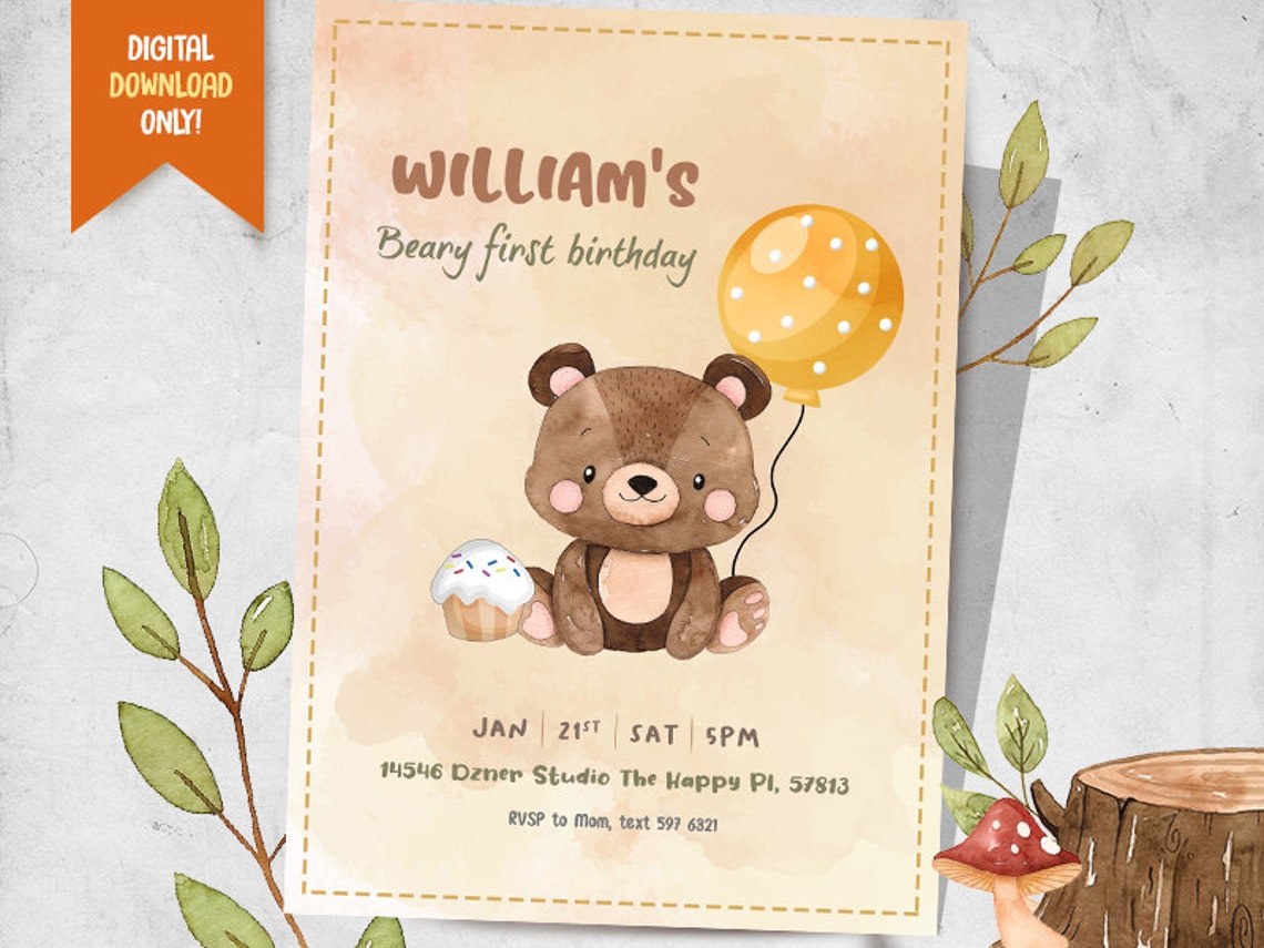 Bear Digital Invitation Teddy Bear Birthday Invite Woodland - Etsy