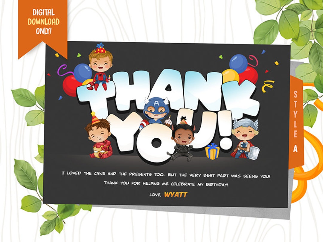 Superhero Digital Thank You Card, Superheroes Favor Card, Cute Hero ...
