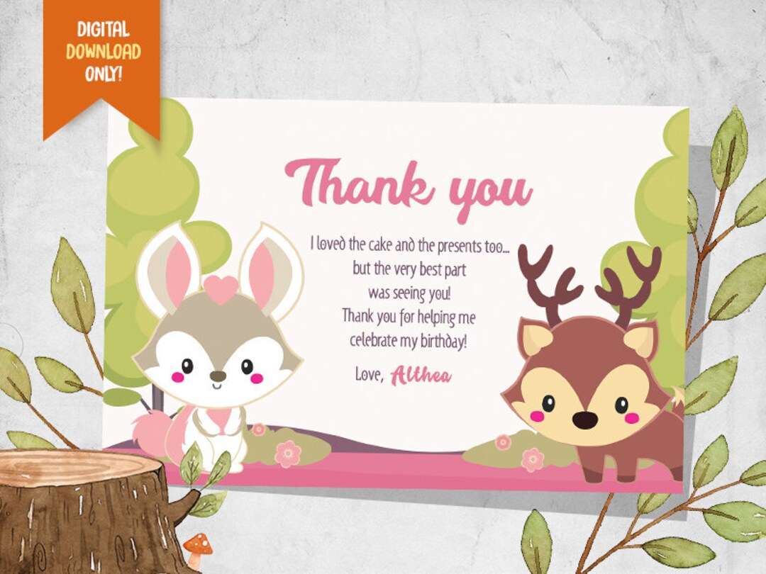 Woodland Digital Thank You Card Forest Animal Birthday - Etsy