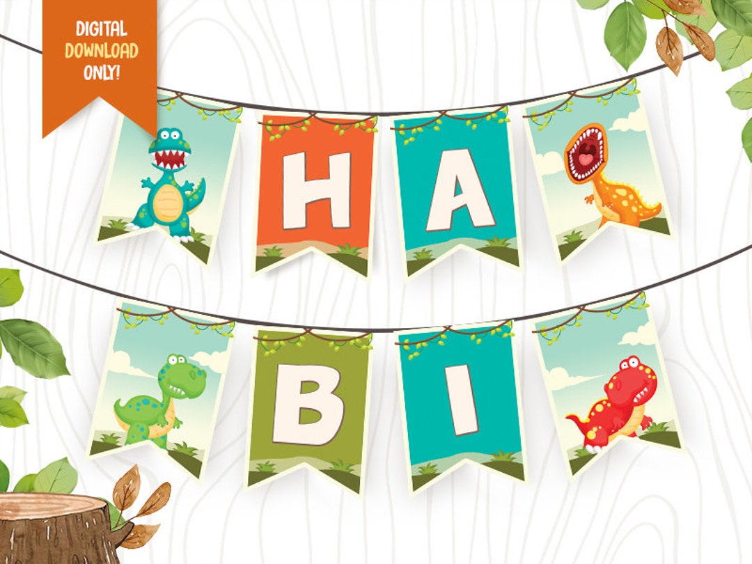 Dino Digital Birthday Banner, Dinosaur Party Banner, Cute Dino Party ...
