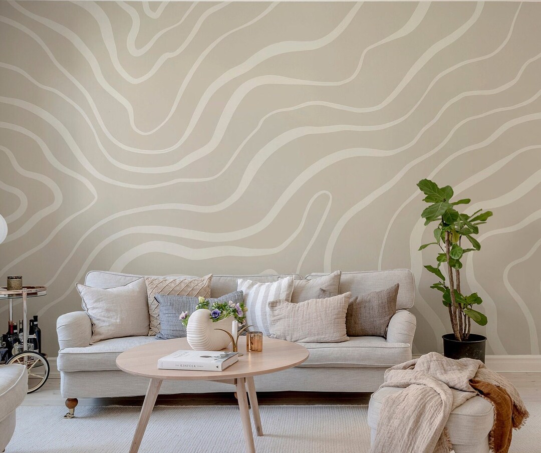 Neutral Wavy Abstract Line Peel & Stick Wallpaper Mural, Abstract ...