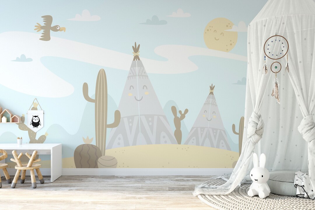 Desert Landscape With Teepees, Cacti, Flying Bird, and Smiling Sun ...