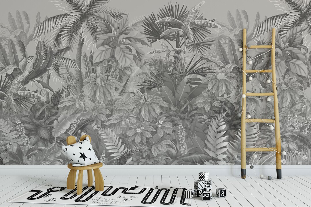 Tropical Jungle Botanical Wallpaper Mural Grayscale Peel and Stick ...