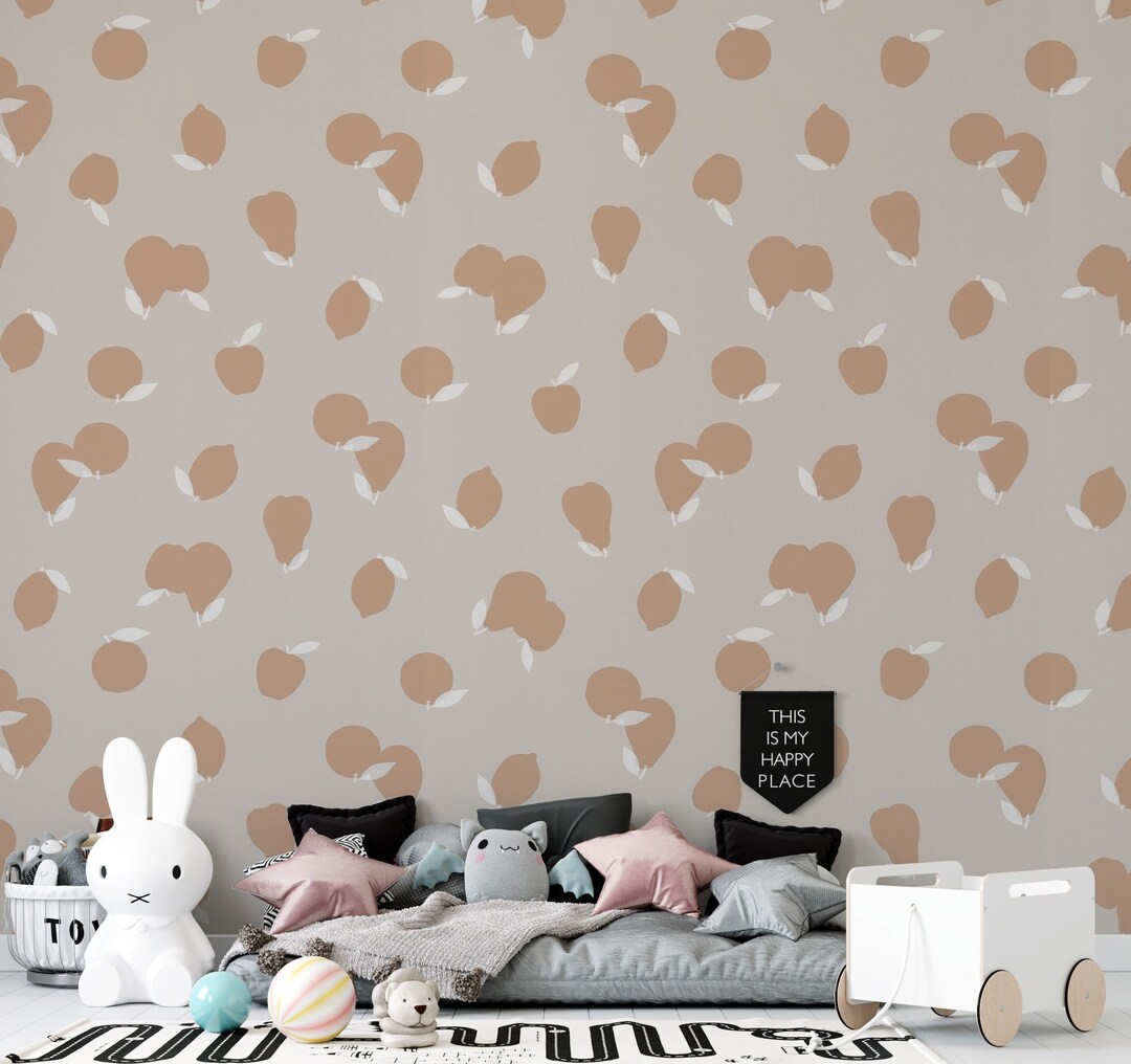 Apple and Pear Wallpaper Mural: Beige Tones, Kids Room Decor (peel and ...