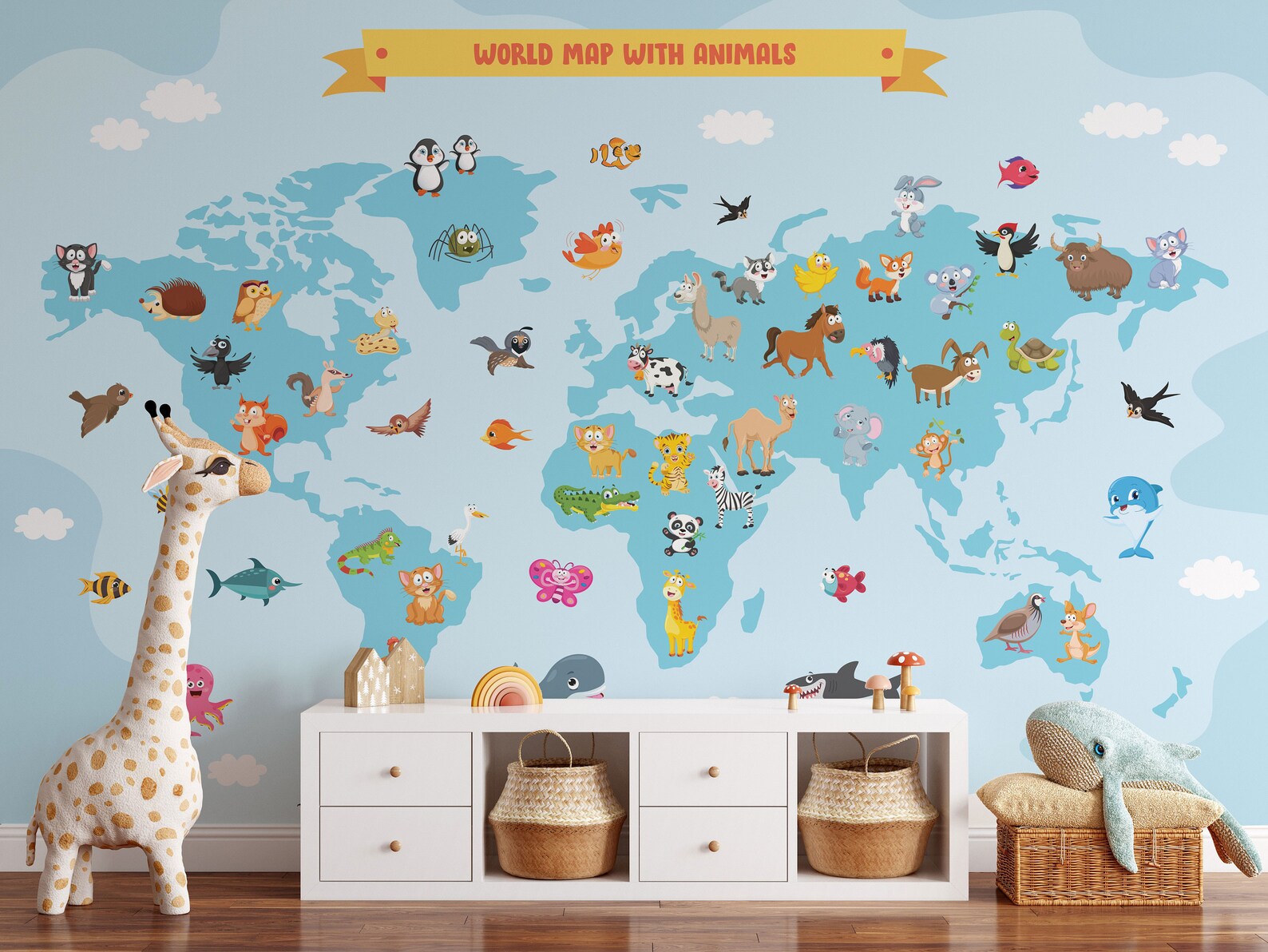 World Map With Cartoon Animals Wallpaper Wildlife Animals Map - Etsy