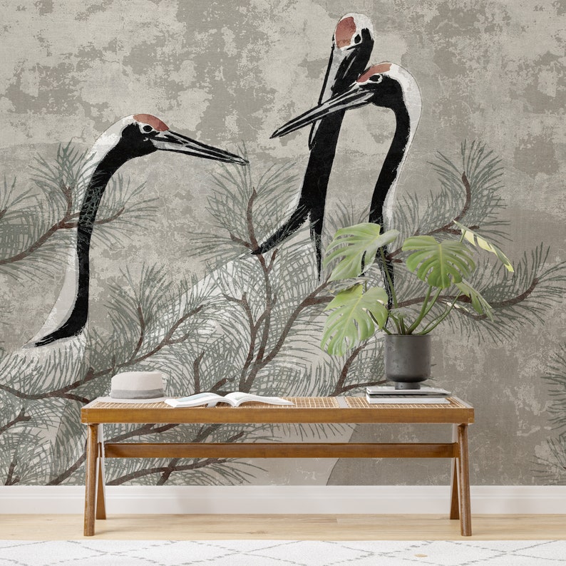 White Cranes Wallpaper Mural: Japanese Art, Tranquil Decor - Etsy