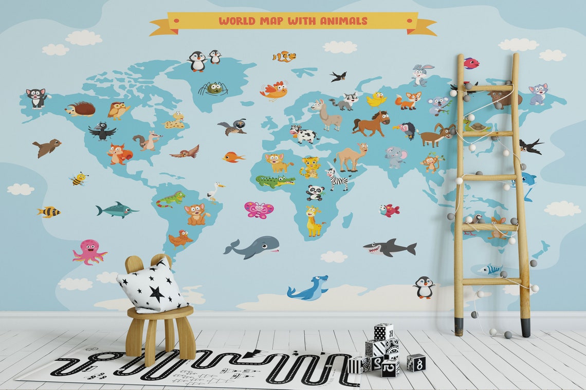 World Map With Cartoon Animals Wallpaper Wildlife Animals Map | Etsy