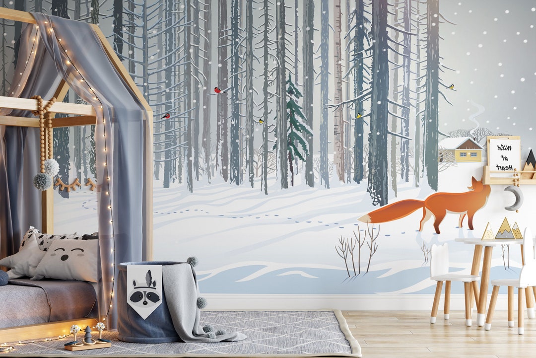 Winter Forest Fox Wallpaper Mural: Peel and Stick - Etsy