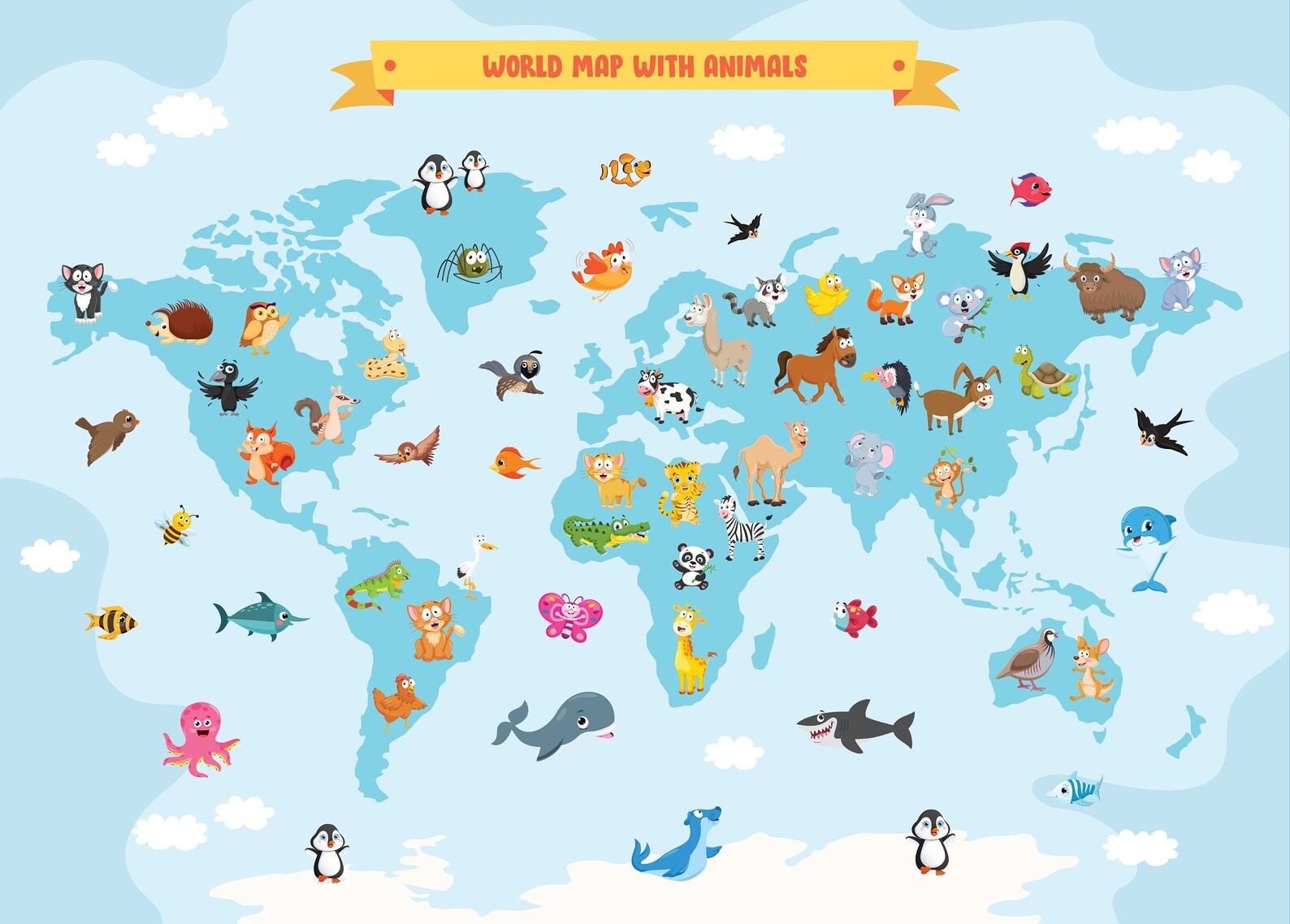 World Map With Cartoon Animals Wallpaper Wildlife Animals Map - Etsy