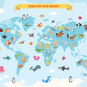 World Map With Cartoon Animals Wallpaper, Wildlife Animals Map ...