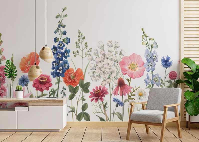 Watercolor Wildflower Field Mural Wallpaper - Peel and Stick - Etsy