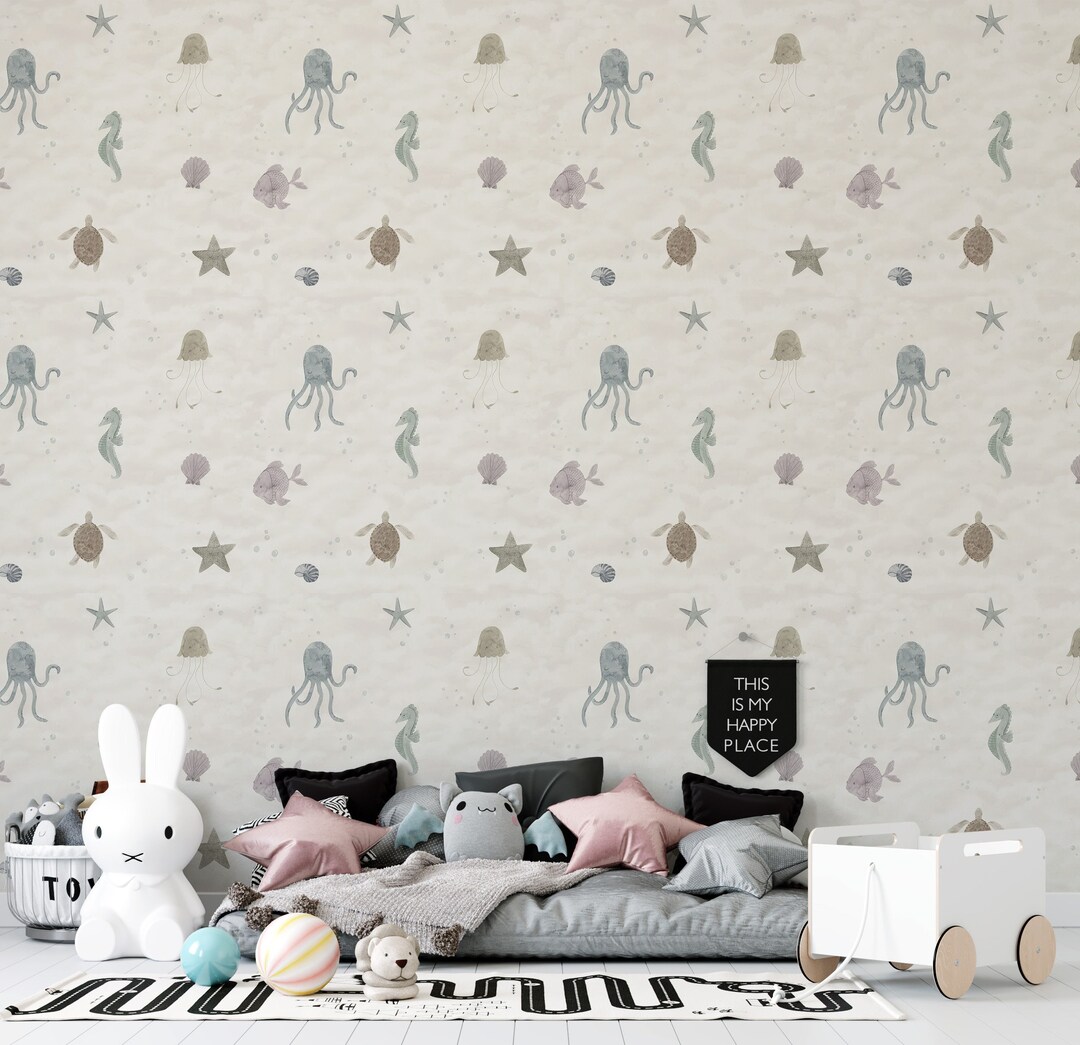Ocean Friends Kids Wallpaper: Peel and Stick Marine Life Pattern - Etsy
