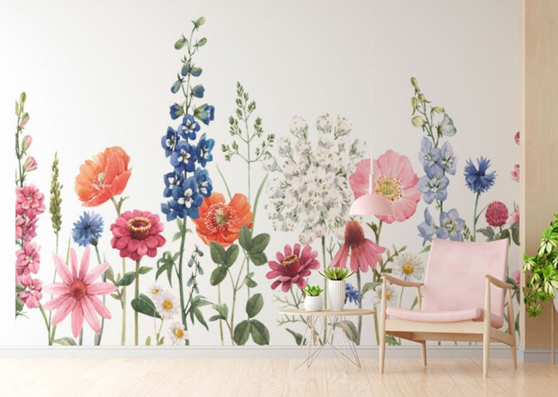 Watercolor Wildflower Field Mural Wallpaper - Peel and Stick - Etsy