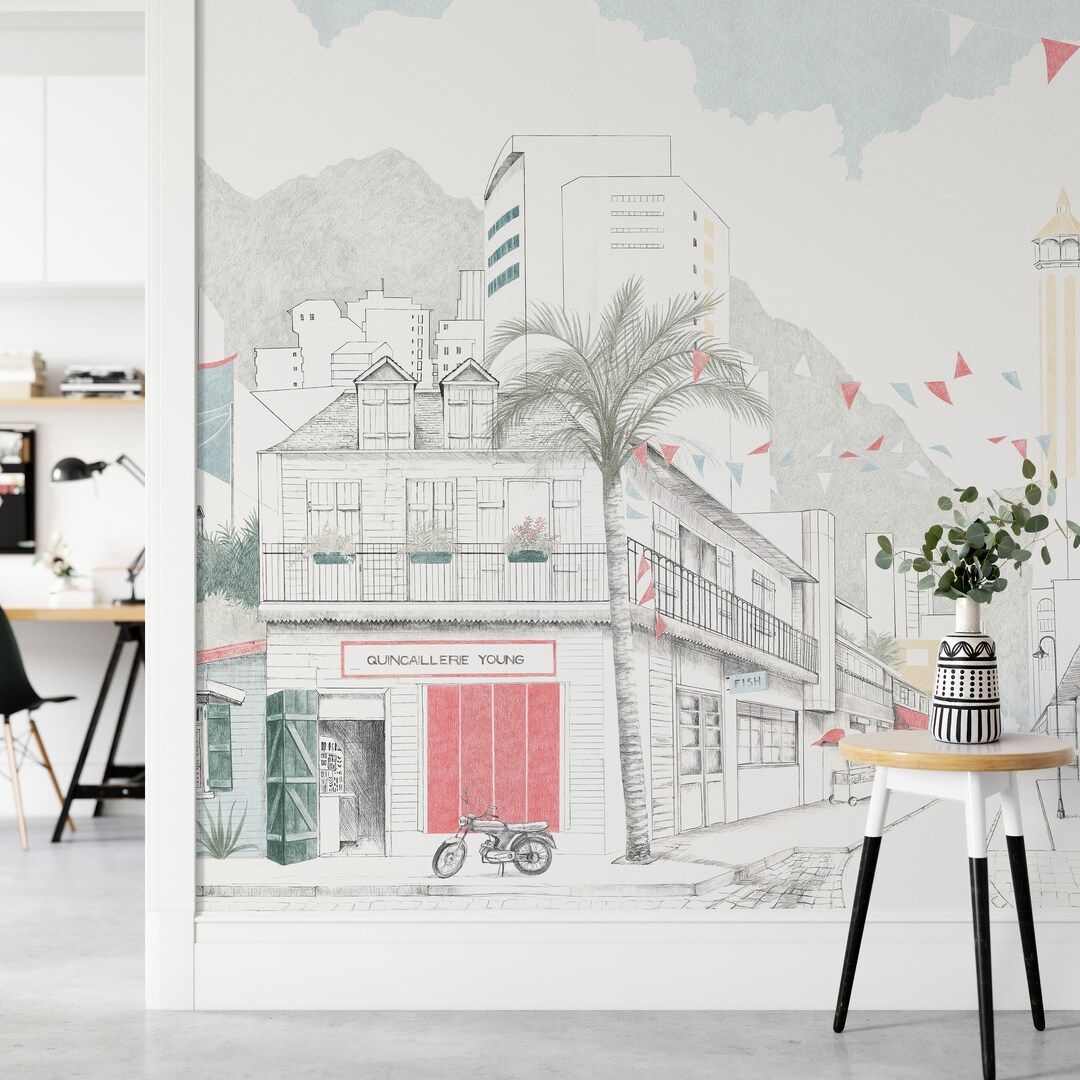 Freehand Sketch of Old Street Wall Mural - Artistic Urban Scene Drawing ...