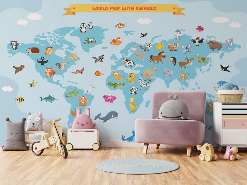 World Map With Cartoon Animals Wallpaper Wildlife Animals Map - Etsy