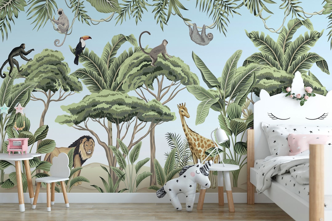 Tropical Paradise Jungle Animals Wallpaper Mural | Kids Room Decor - Etsy