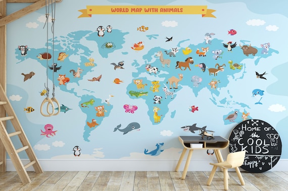 World Map With Cartoon Animals Wallpaper Wildlife Animals Map | Etsy