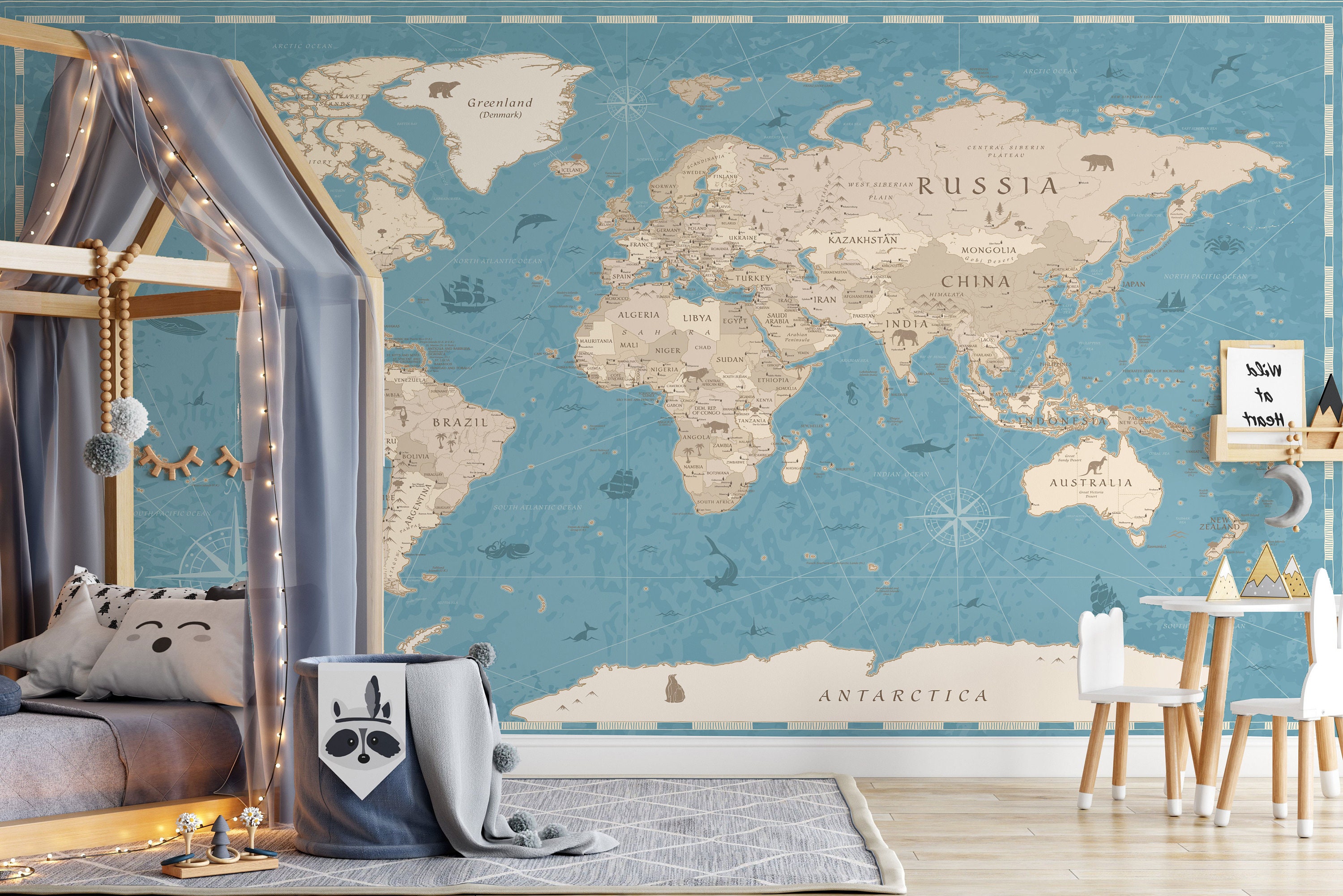Blue and Beige Color World Map Vintage Old Style Atlas Map - Etsy