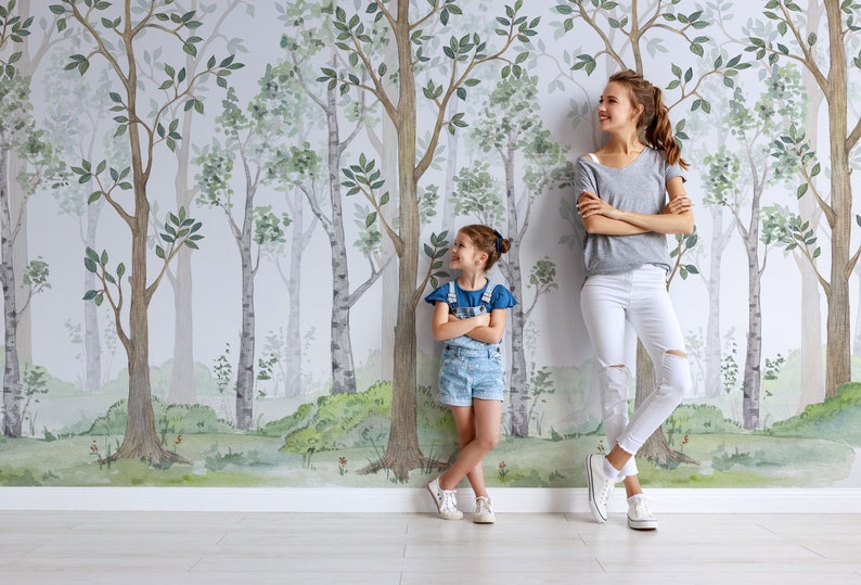 Watercolor Forest Wallpaper Mural: Green Tree, Fairy Tale Nursery Decor ...