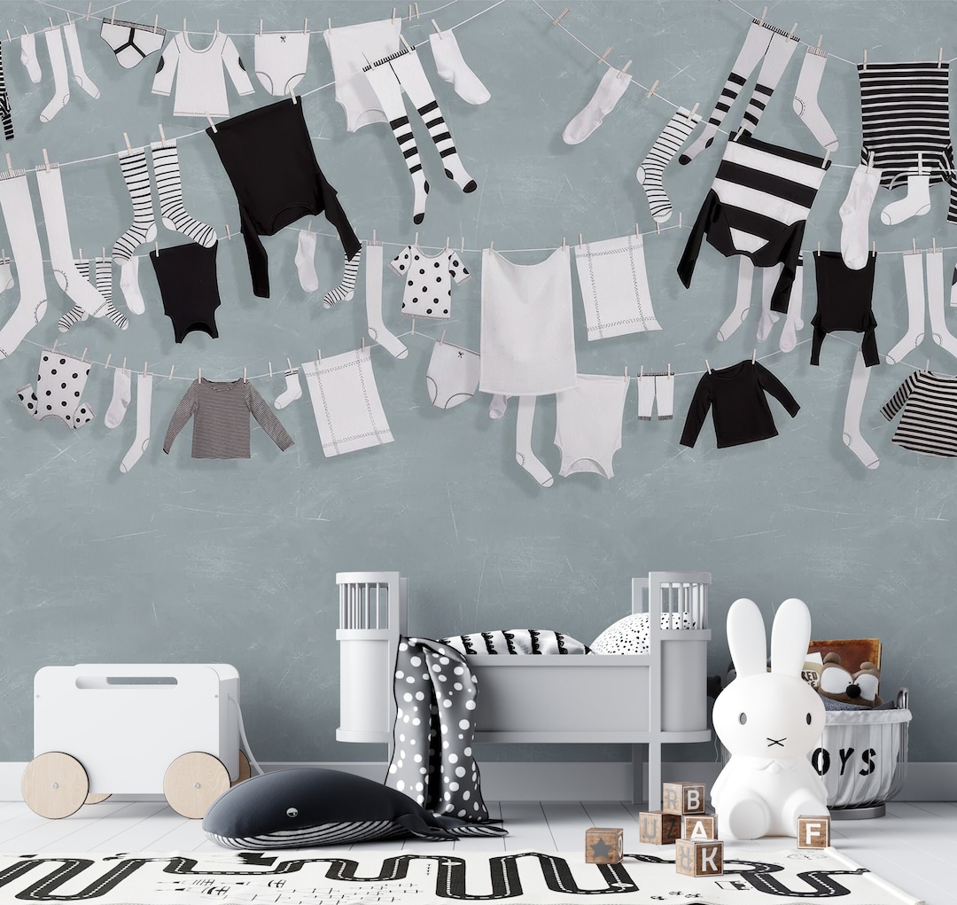 Clothesline Kids Room Wallpaper Mural: Peel & Stick Playroom Wall Art ...