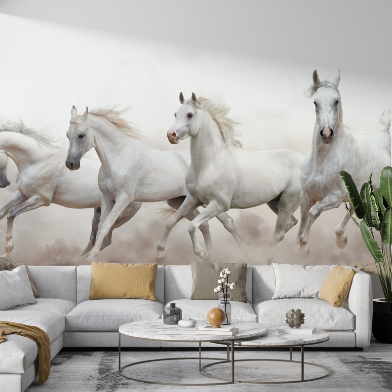 White Running Horse Wallpaper Mural: Peel and Stick Equine Wall Art - Etsy