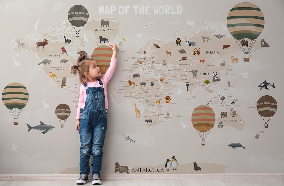 Animal Adventure World Map Balloon Wallpaper Mural | Kids Room Peel and ...