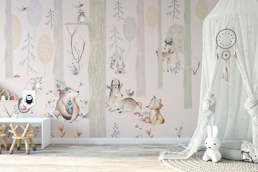 Magical Forest Animal Mural - Kids Room Self-adhesive Wallpaper ...