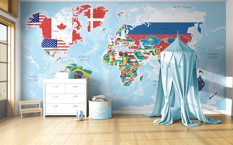 Countries Map and Flags Wallpaper World Map Removable | Etsy