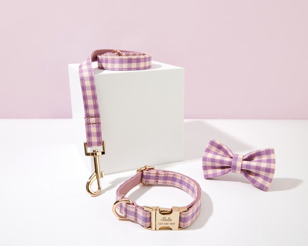 Cute Pink Check Personalized Dog Collar Bow Tie Set, Dog Collar for ...