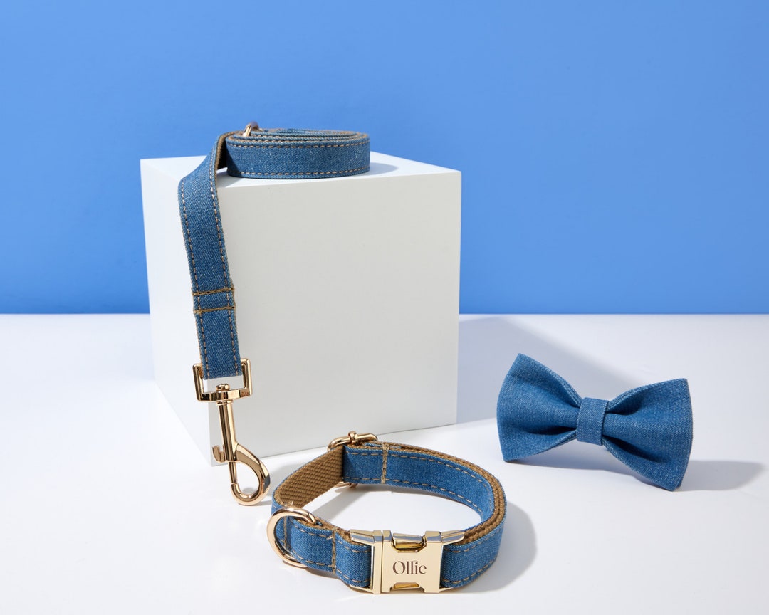 Denim Dog Collar With Bow and Lead Set, Personlaized Solid Denim Fabric ...