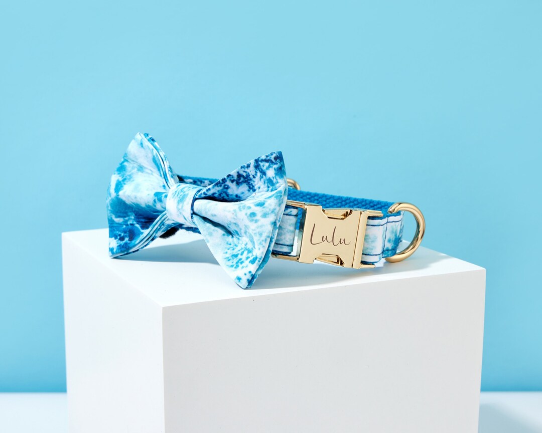 Wave Print Dog Collar and Leash Set, Personalized Name Engraved on ...