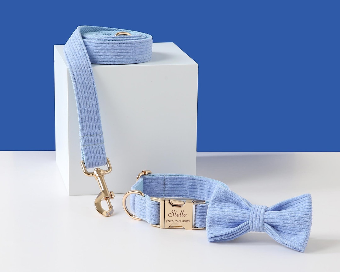 Light Blue Personalized Dog Collar Set, Corduroy Dog Collar for Girl ...