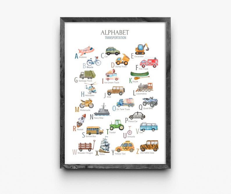 Alphabet ABC Transportation Poster, Watercolor Vehicle Kids, Playroom ...