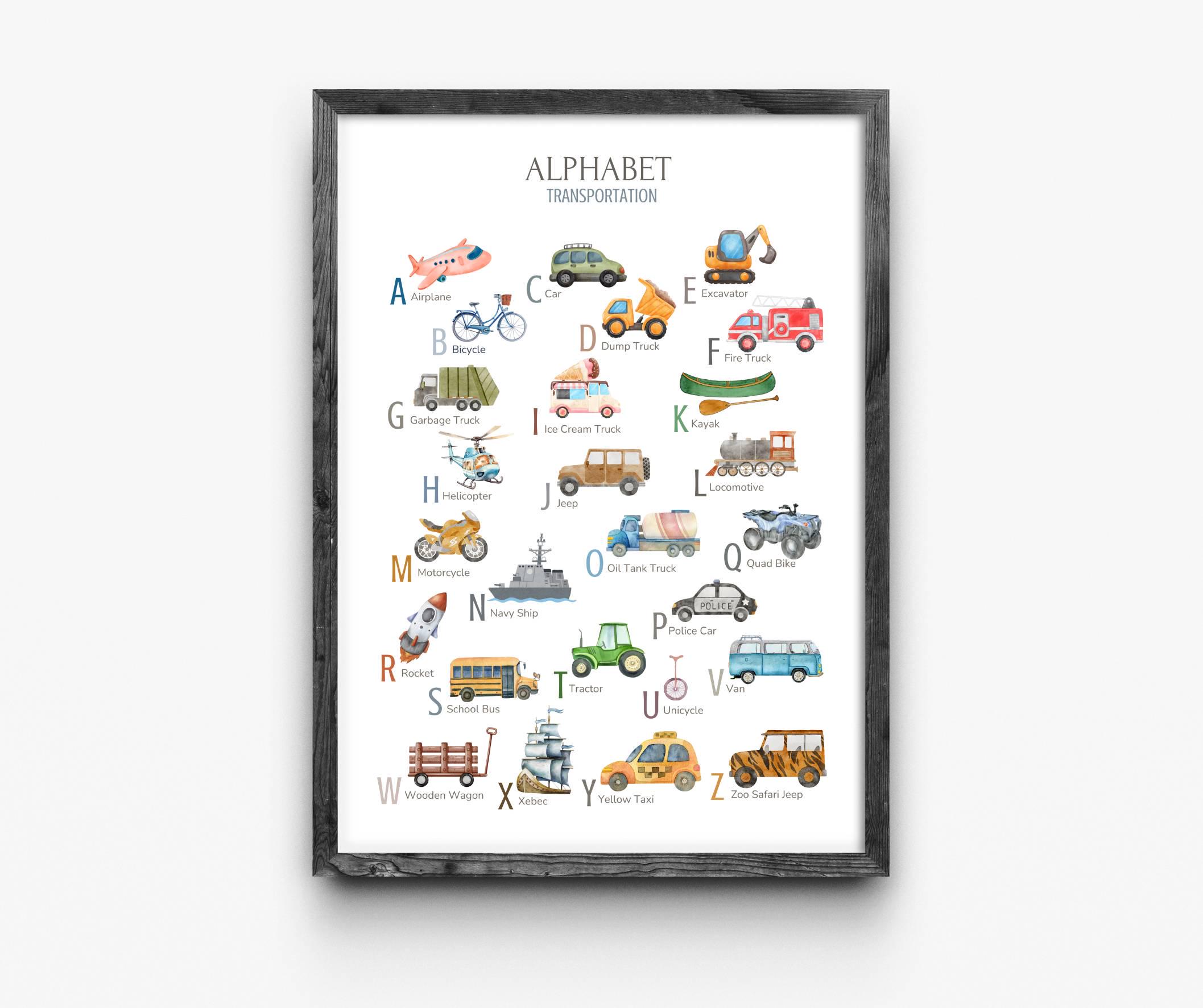 Alphabet ABC Transportation Poster, Watercolor Vehicle Kids, Playroom ...