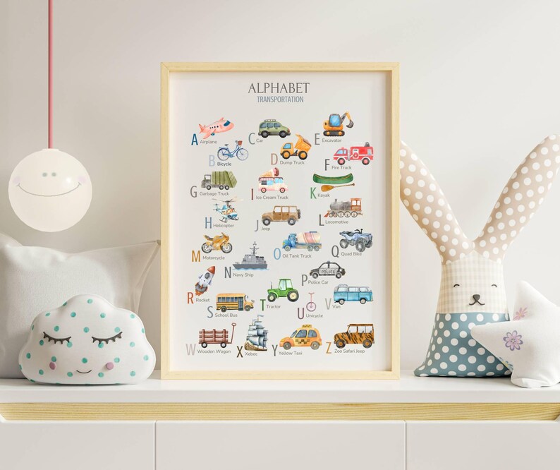 Alphabet ABC Transportation Poster, Watercolor Vehicle Kids, Playroom ...