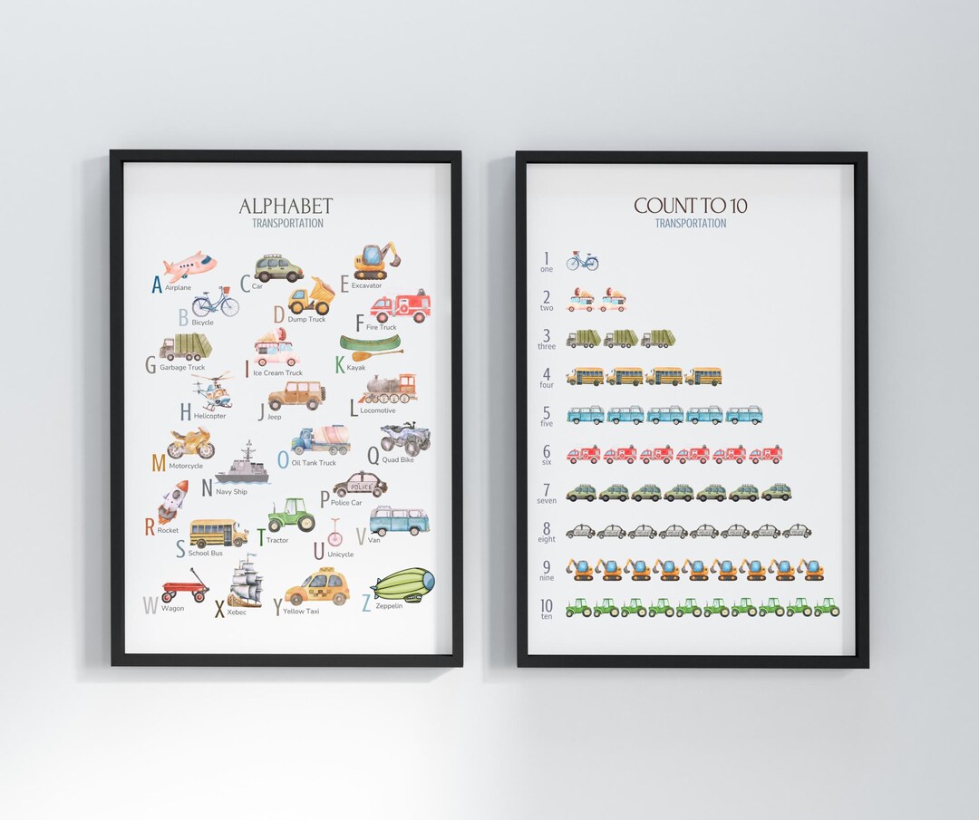 Alphabet and Count to 10 Transportation Set of 2 Prints, Printable ...