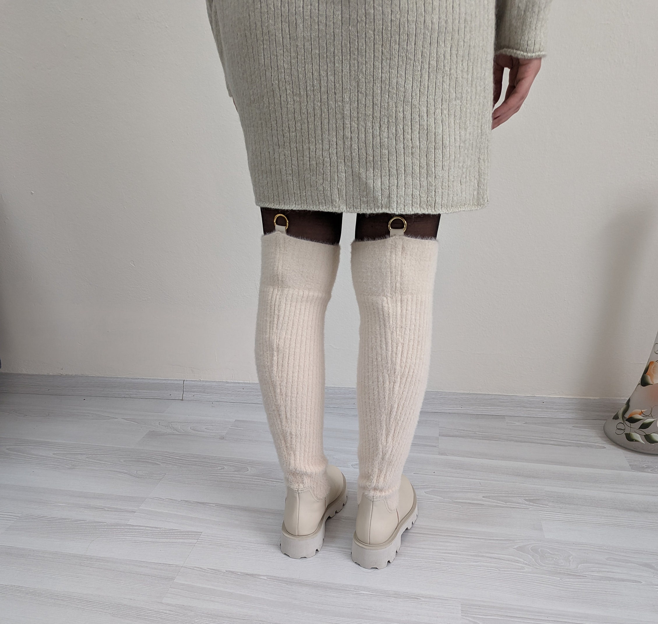 Ivory Leather Boot Cuffed Knit Wool Top Boot Platform Boots - Etsy