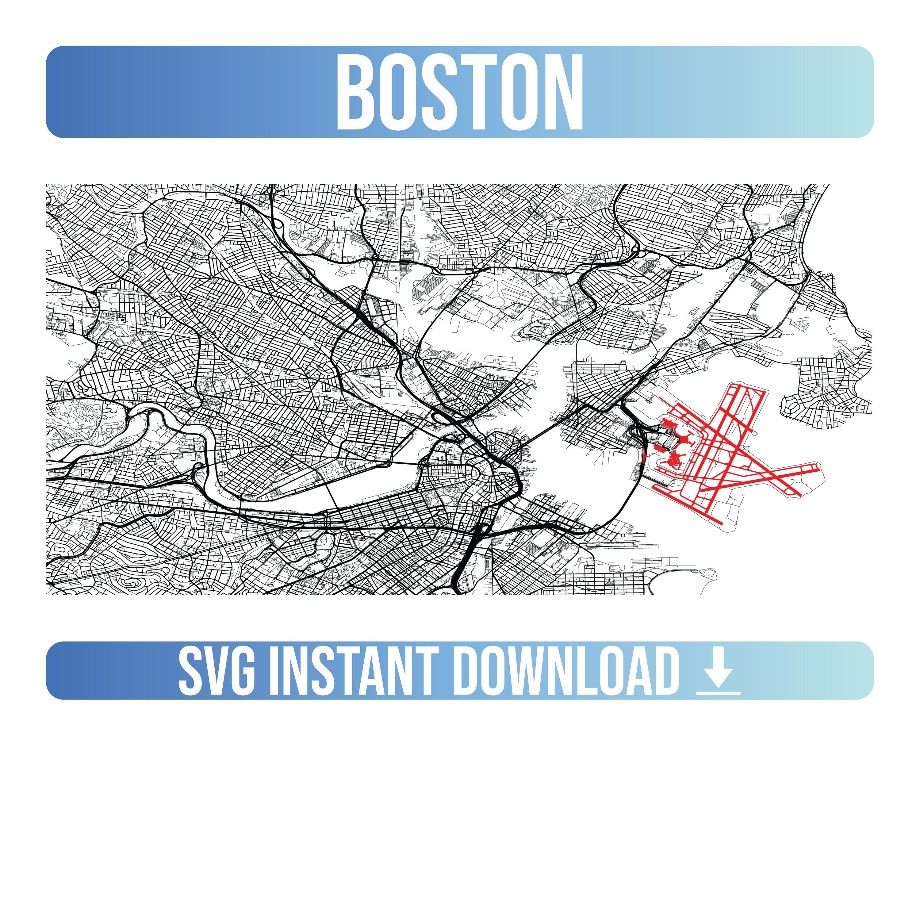 Boston SVG Vector Street Map Boston Massachusetts United - Etsy