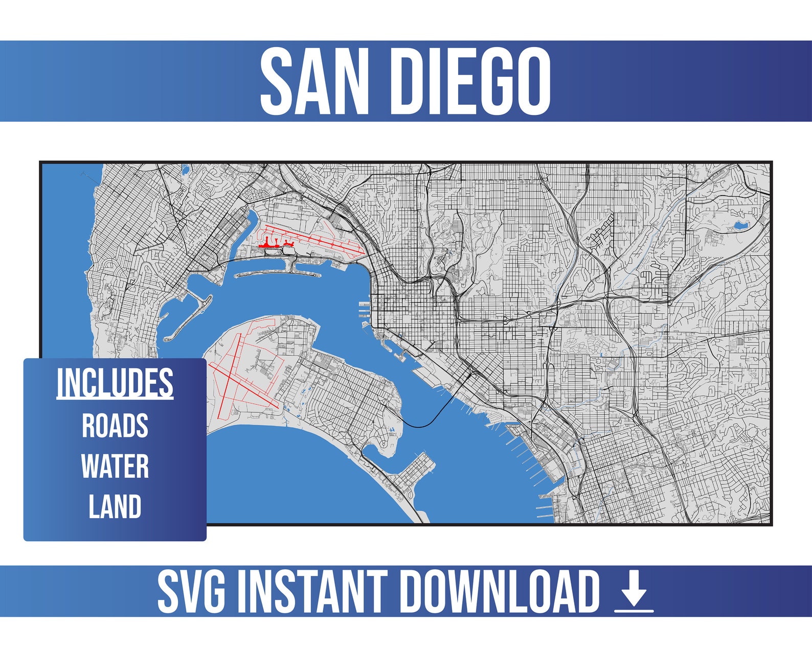 San Diego SVG Street Map | San Diego, California, United States | Full ...
