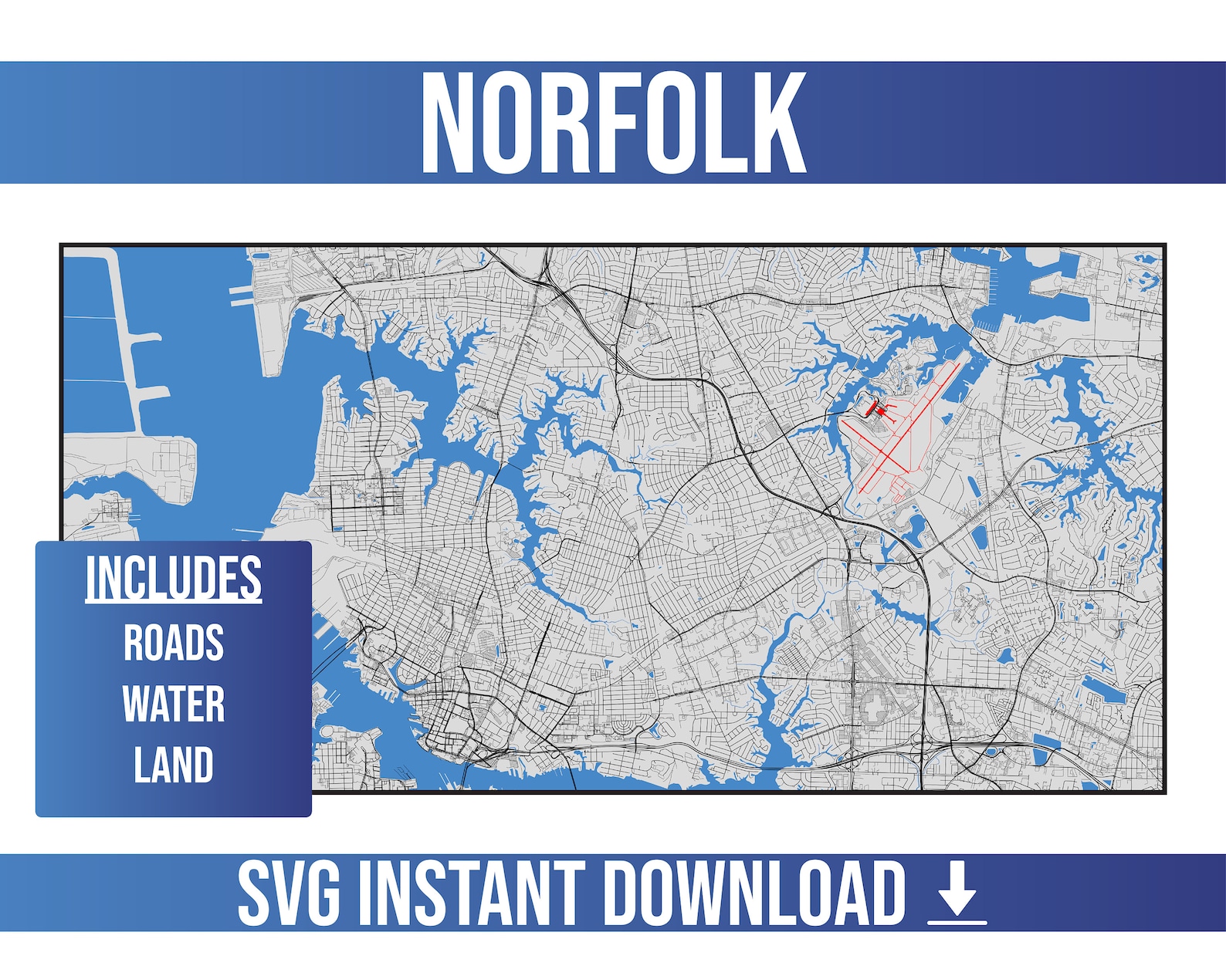 Norfolk SVG Vector Street Map | Norfolk, Virginia, United States | Full ...