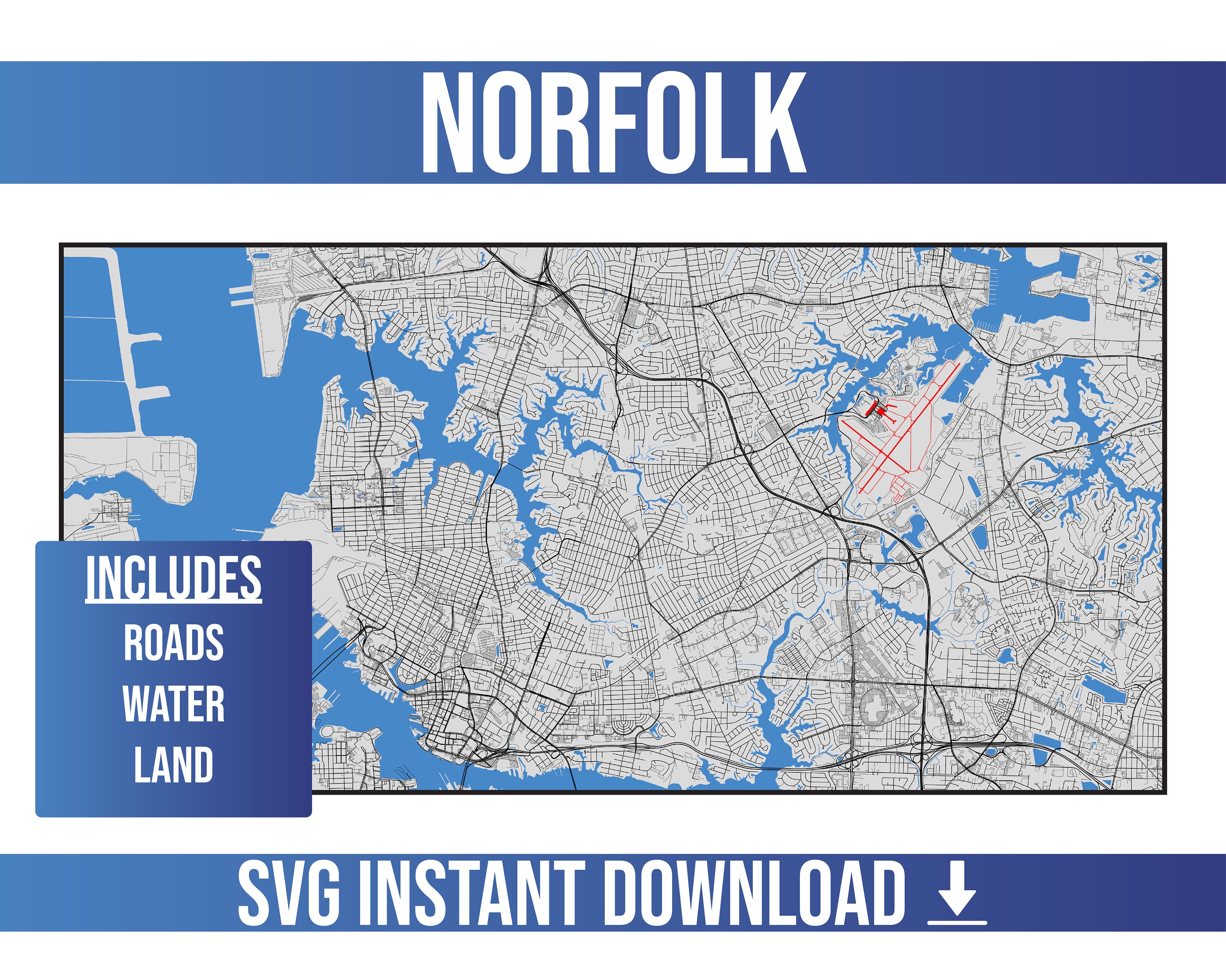 Norfolk SVG Vector Street Map | Norfolk, Virginia, United States | Full ...