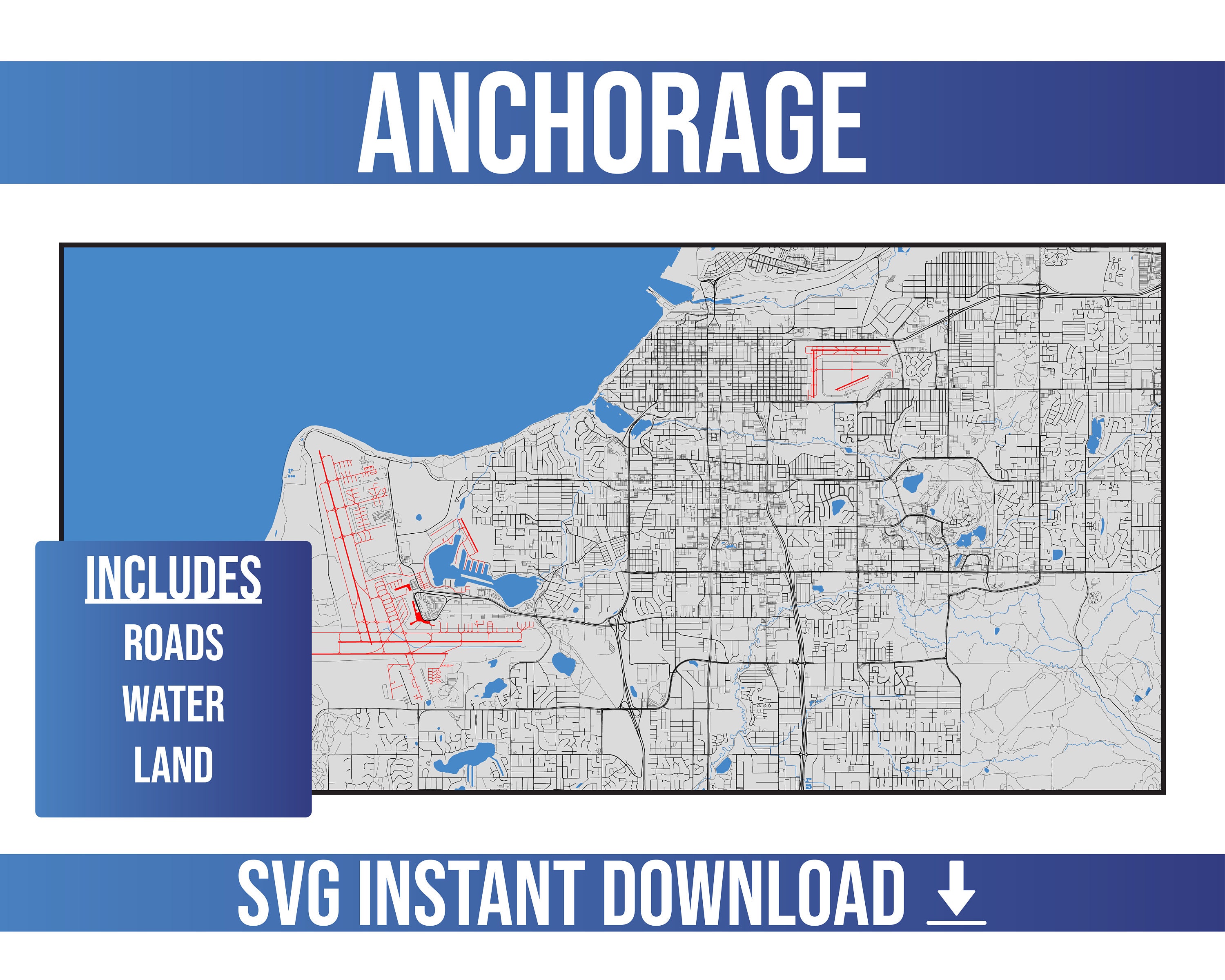 Anchorage SVG Vector Street Map | Anchorage, Alaska, United States ...