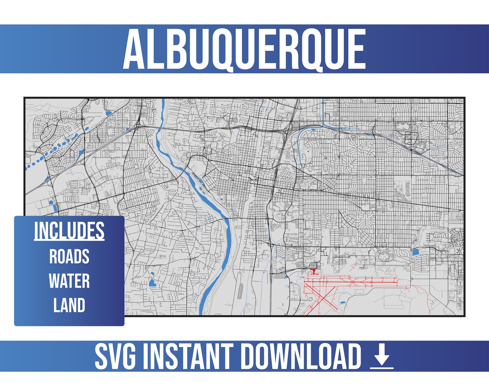 Albuquerque SVG Vector Street Map | Albuquerque, New Mexico, United ...