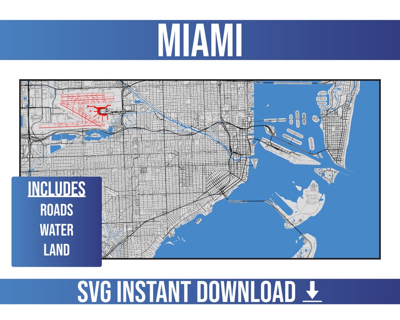Miami SVG Vector Street Map | Miami, Florida, United States | Full ...