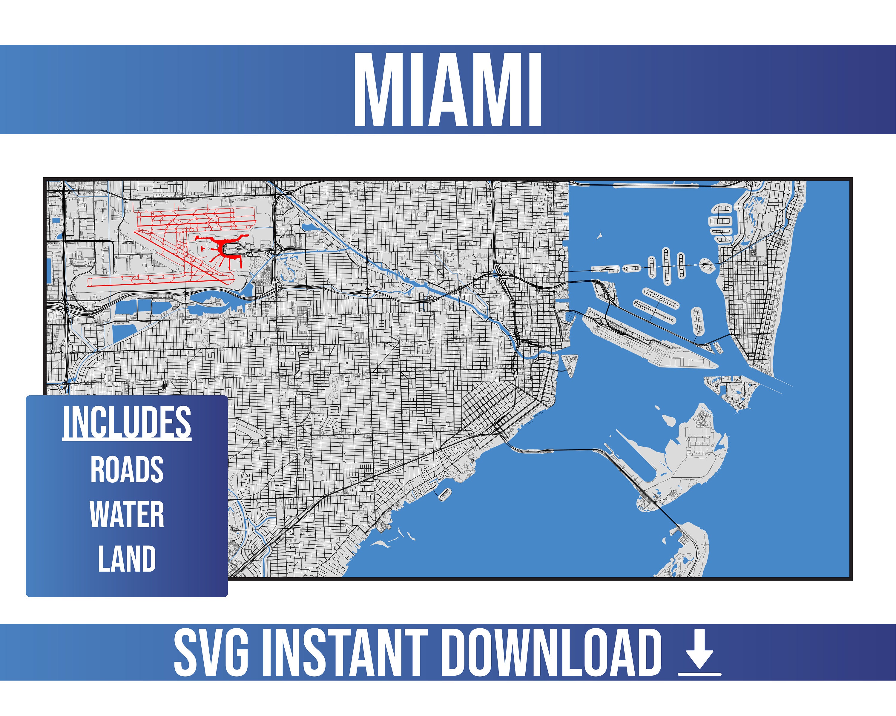 Miami SVG Vector Street Map | Miami, Florida, United States | Full ...