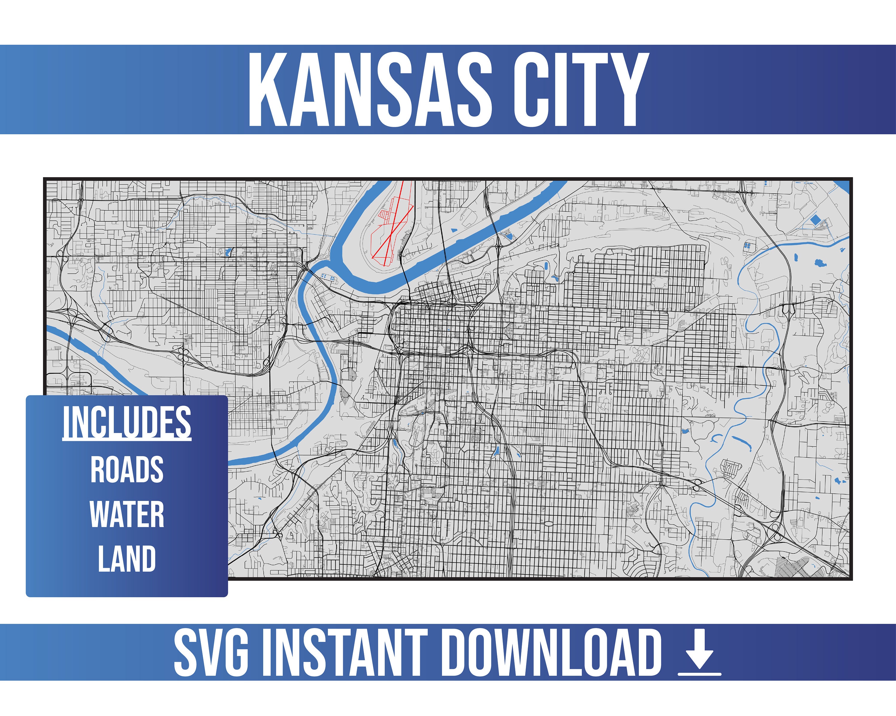 Kansas City SVG Vector Street Map | Kansas City, Missouri, United ...