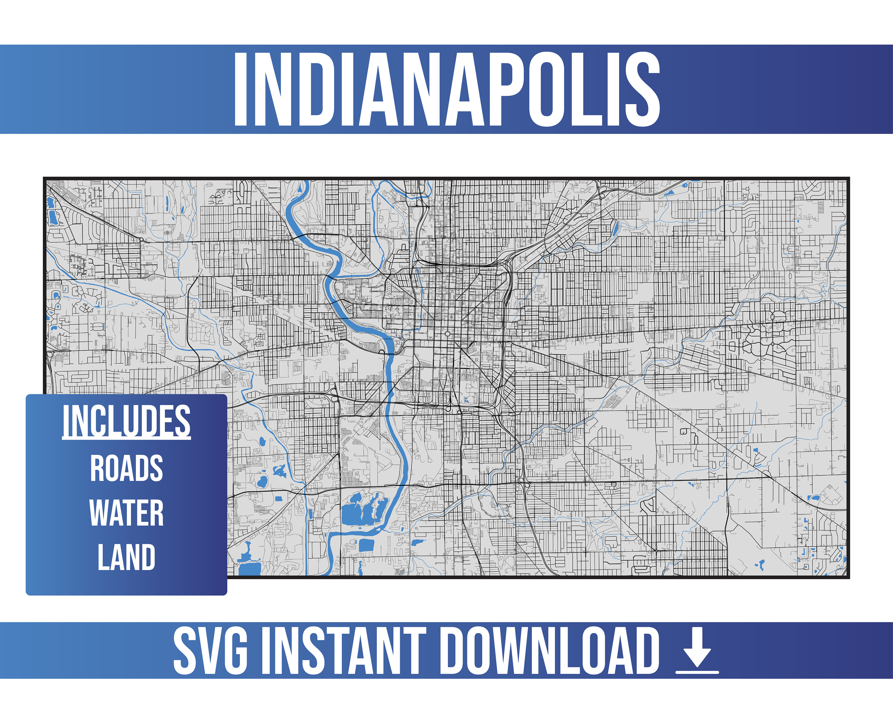 Indianapolis SVG Vector Street Map | Indianapolis, Indiana, United ...