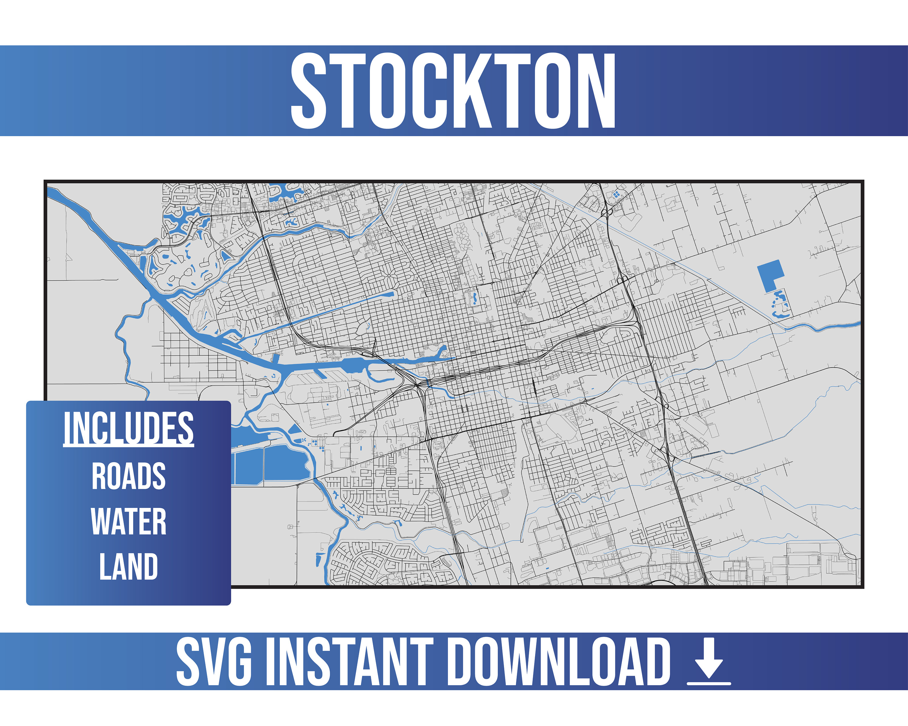 Stockton SVG Vector Map | Stockton, California, United States | Full ...