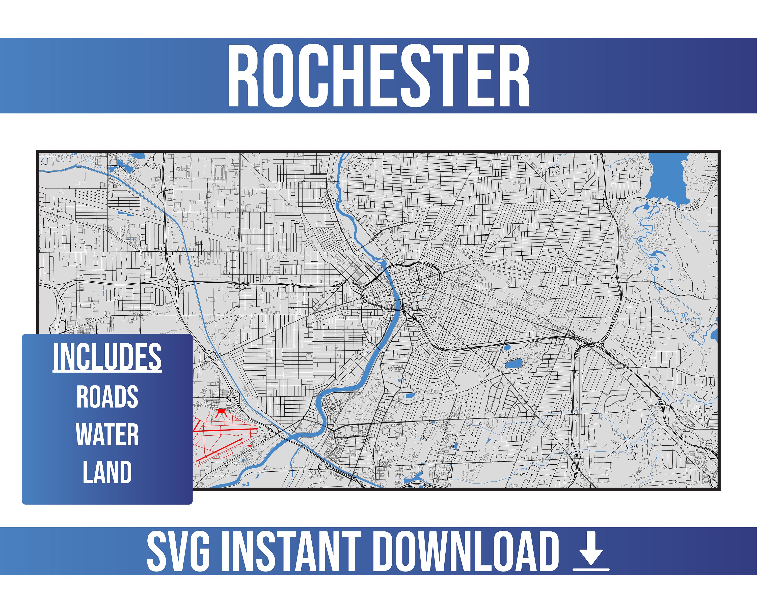 Rochester SVG Vector Street Map | Rochester, New York, United States ...