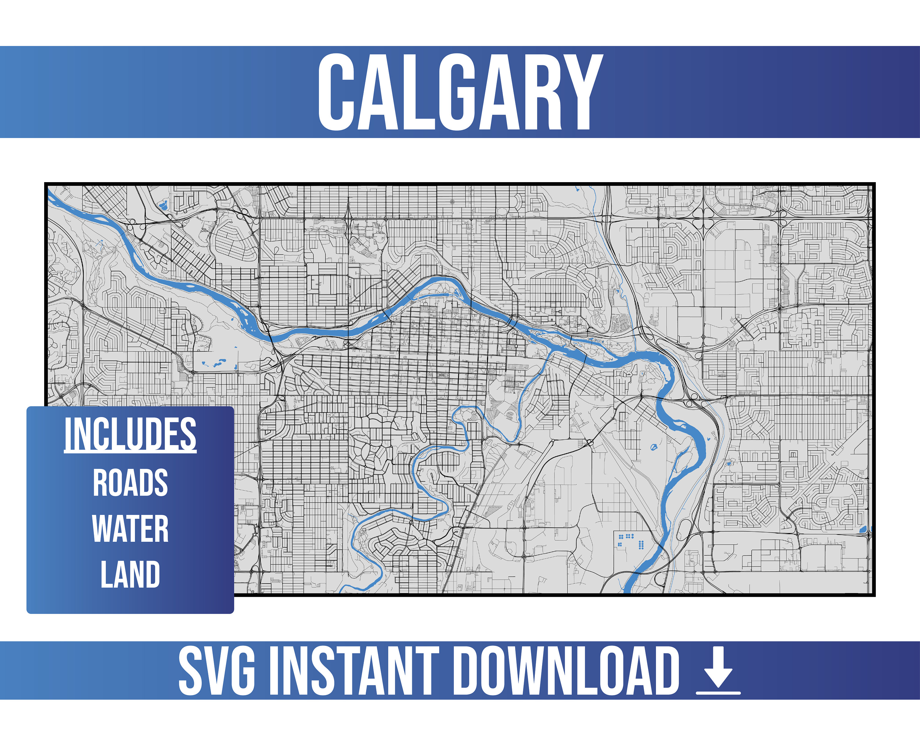 Calgary SVG Vector Street Map | Calgary, Alberta, Canada | Full Vector ...